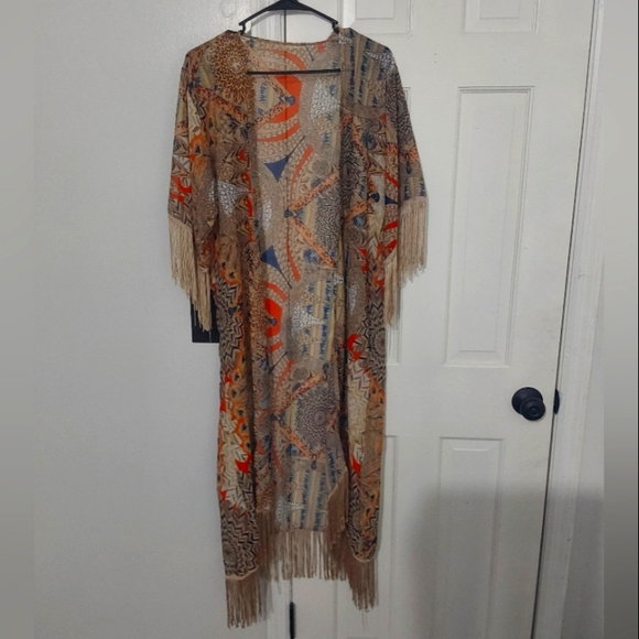 Kimonos & Yukatas | Bohemian Fringe Duster With Geometric Patterns ...